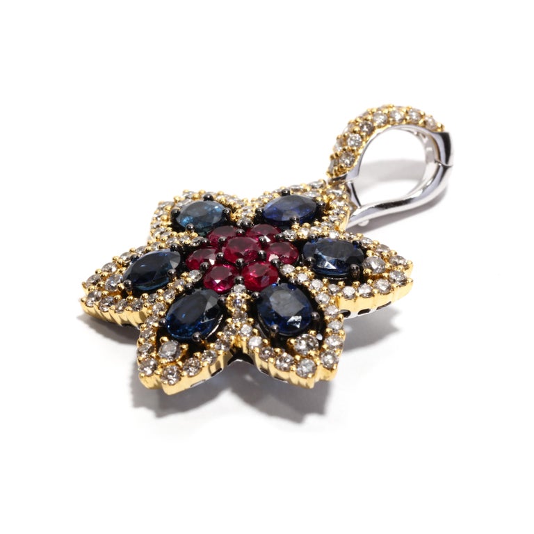 Ruby Sapphire Diamond Flower Pendant Enhancer, 14k Yellow White Gold ...