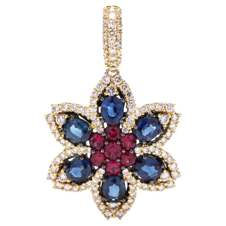 Ruby Sapphire Diamond Flower Pendant Enhancer, 14k Yellow White Gold ...