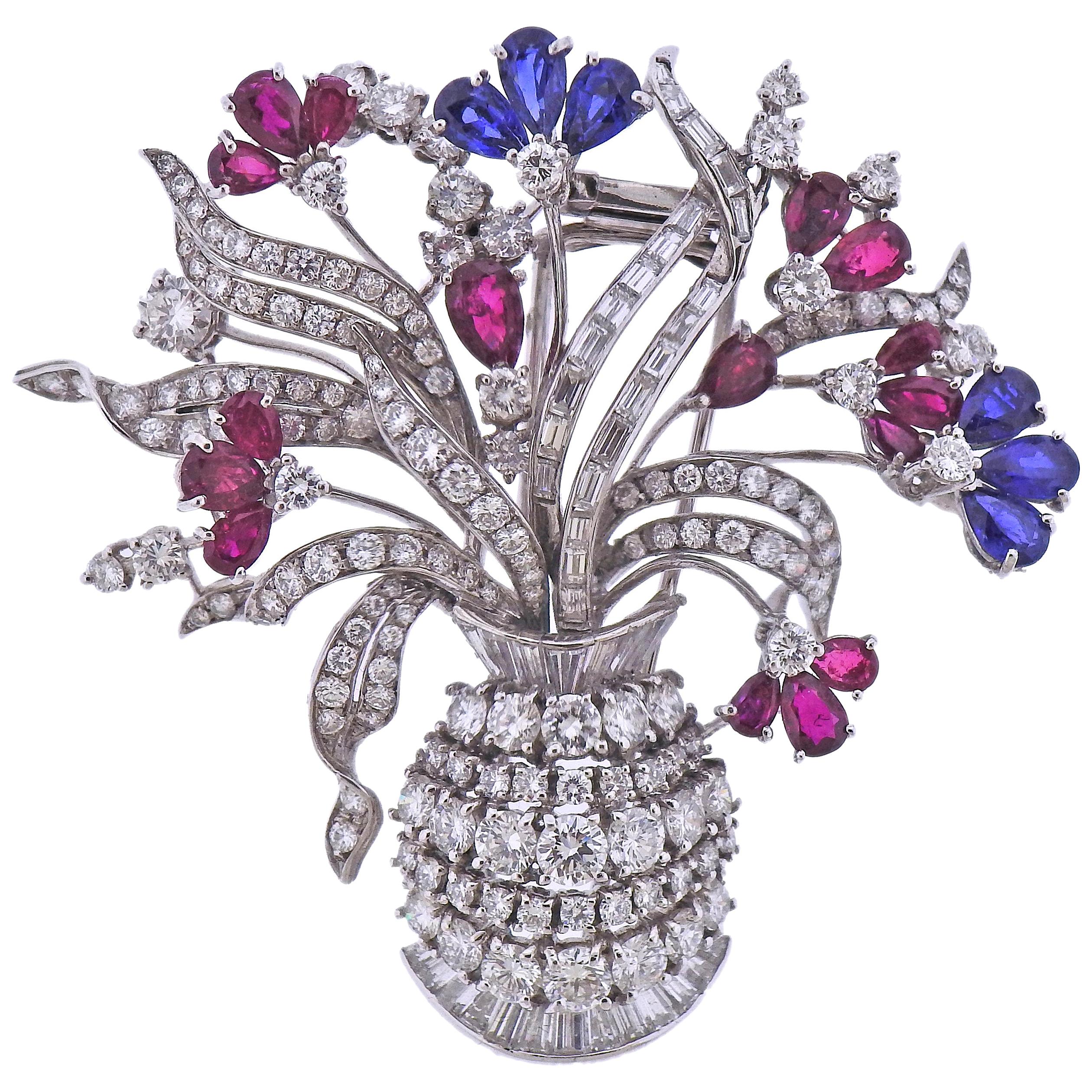 Sapphire Diamond Gold Flower Brooch For Sale at 1stDibs
