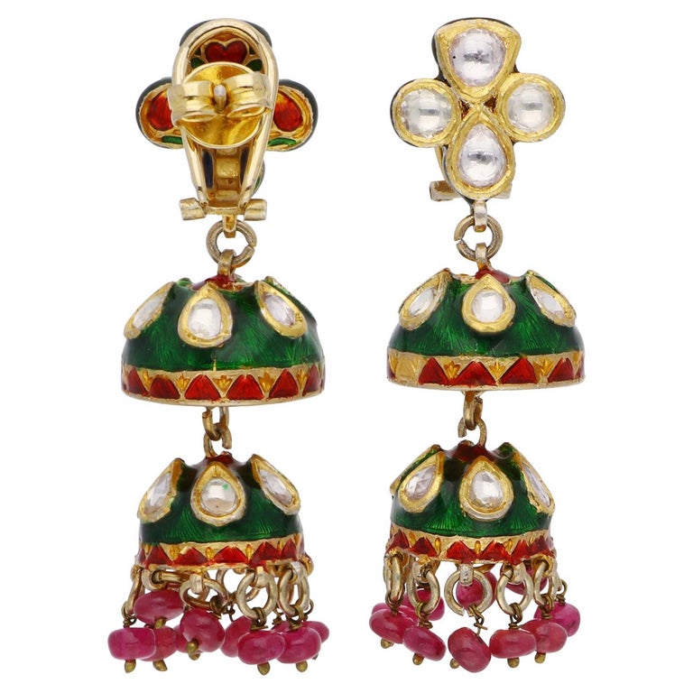 Ruby Sapphire Gemstone Beaded Enamel Earrings Silver Jhumkas Handmade ...