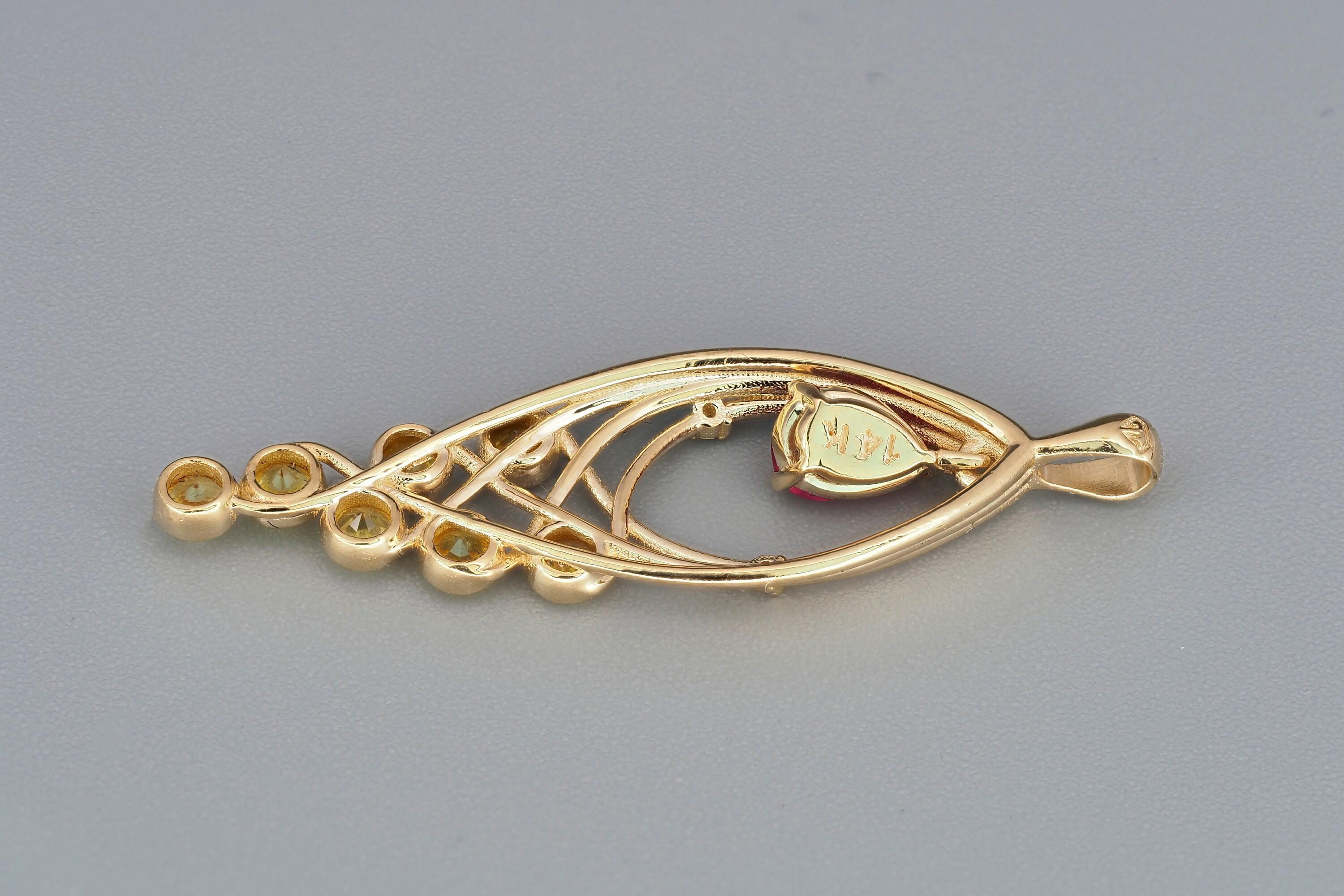 Ruby, Sapphires, Diamonds 14k gold pendant For Sale at 1stDibs