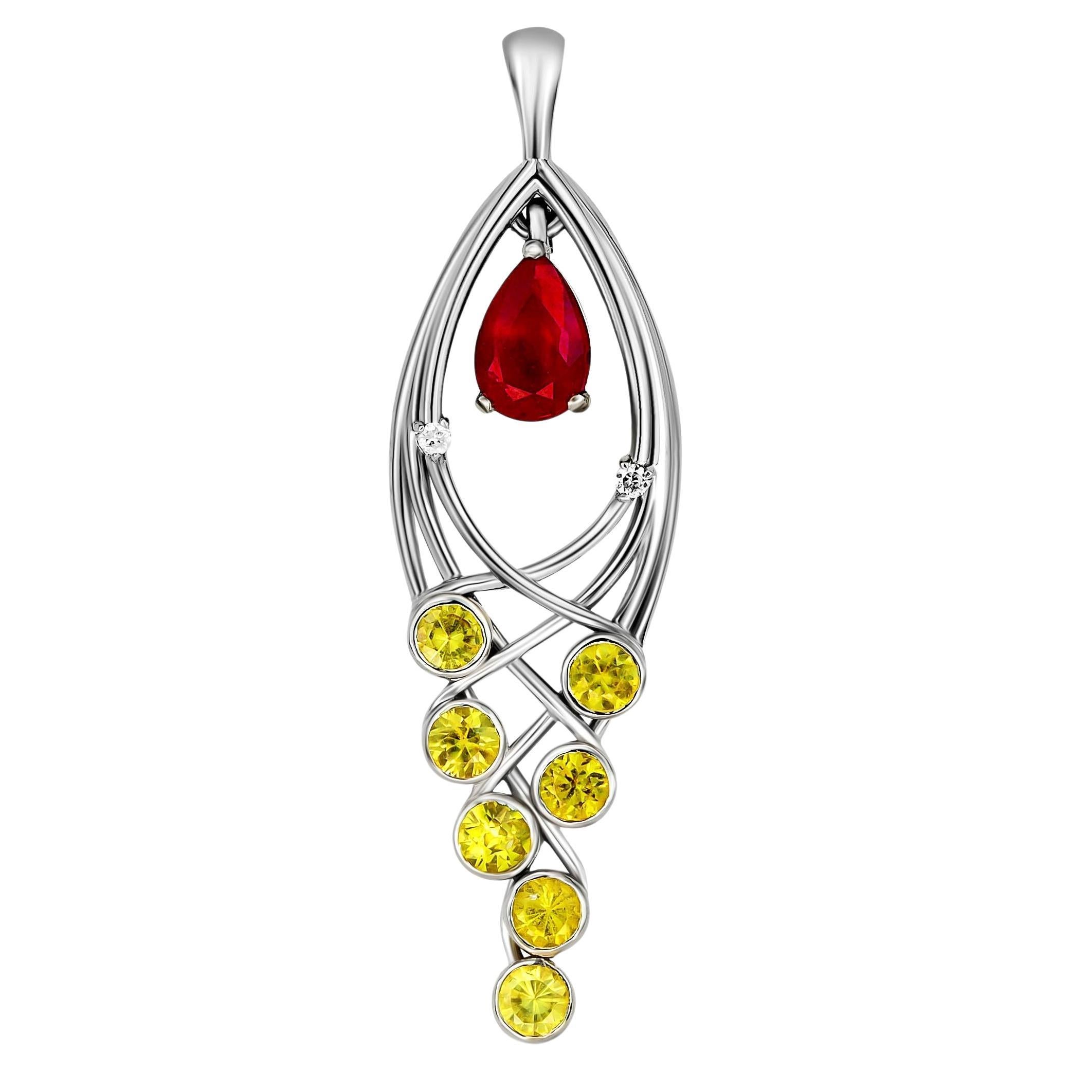 Ruby, Sapphires, Diamonds 14k gold pendant For Sale at 1stDibs