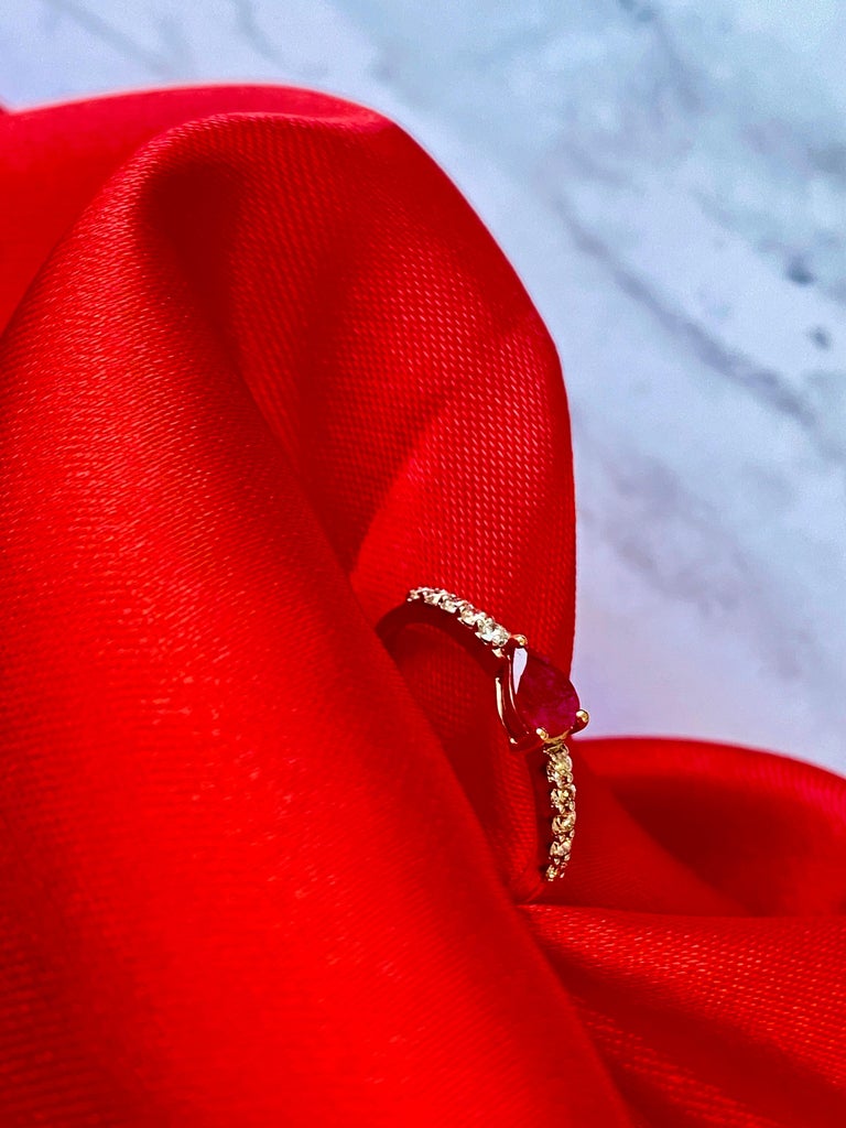 Ruby Solitaire Ring with Natural Round Diamonds, 14k Solid Rose Gold ...