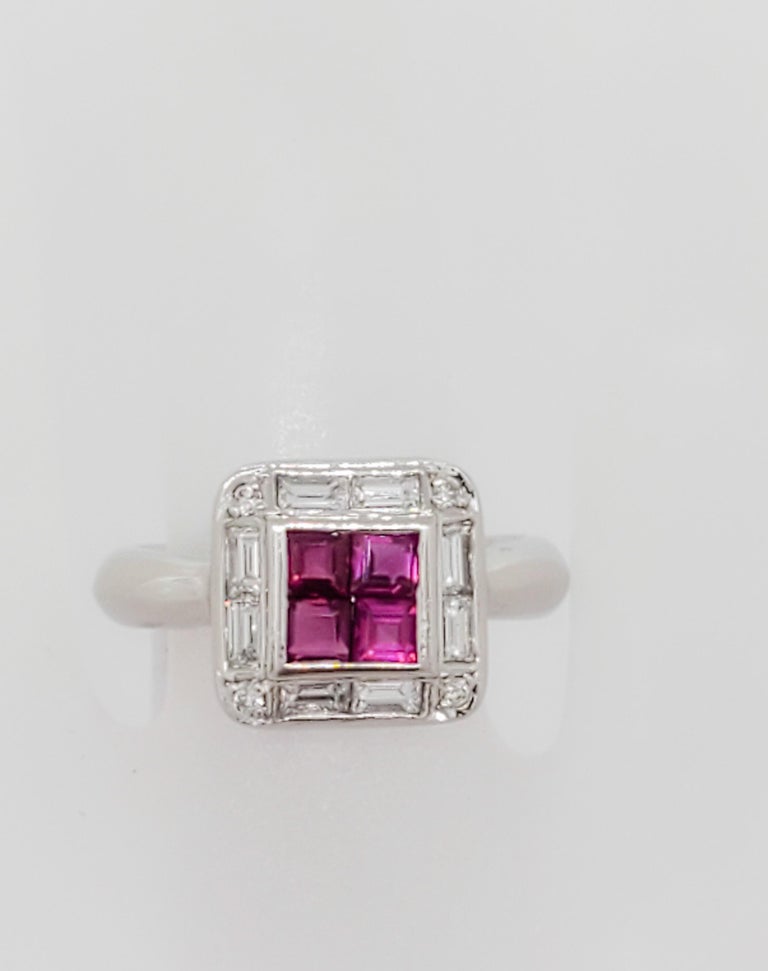 Ruby Square and White Diamond Ring in Platinum For Sale at 1stDibs