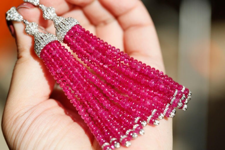 Ruby Tassel and Diamond 18 Karat White Gold Earrings at 1stDibs