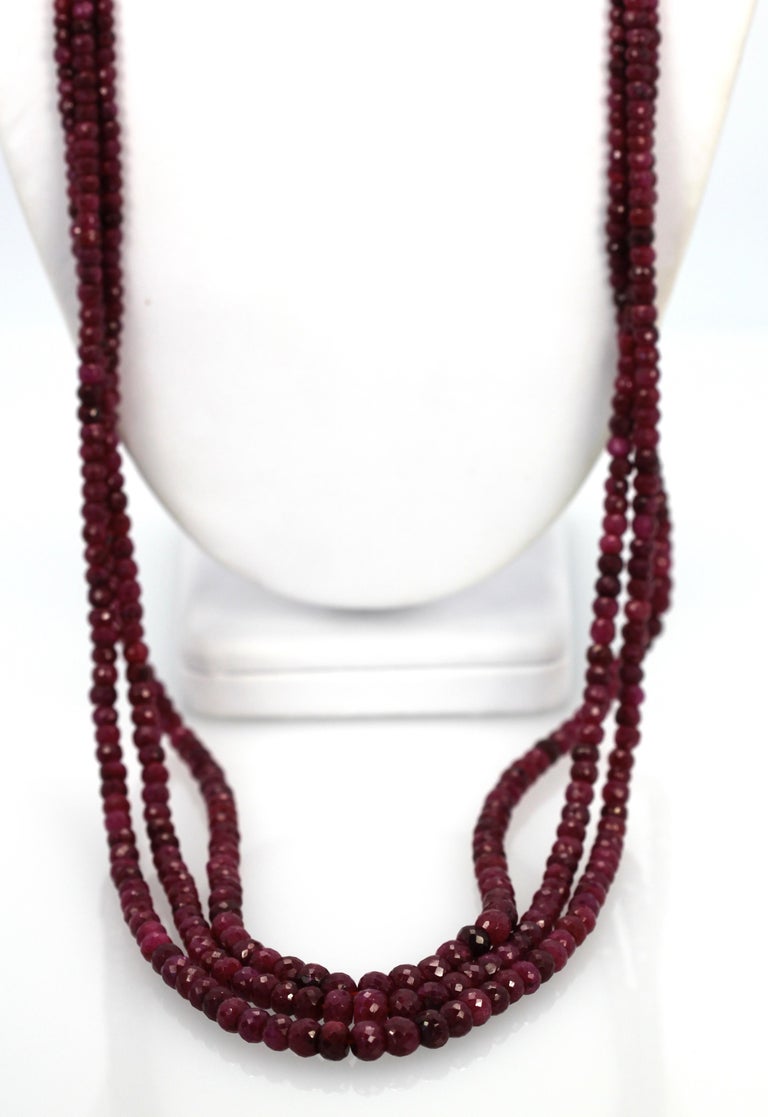 Ruby Triple Strand Bead Necklace with Faceted Ruby and Diamond Stations ...
