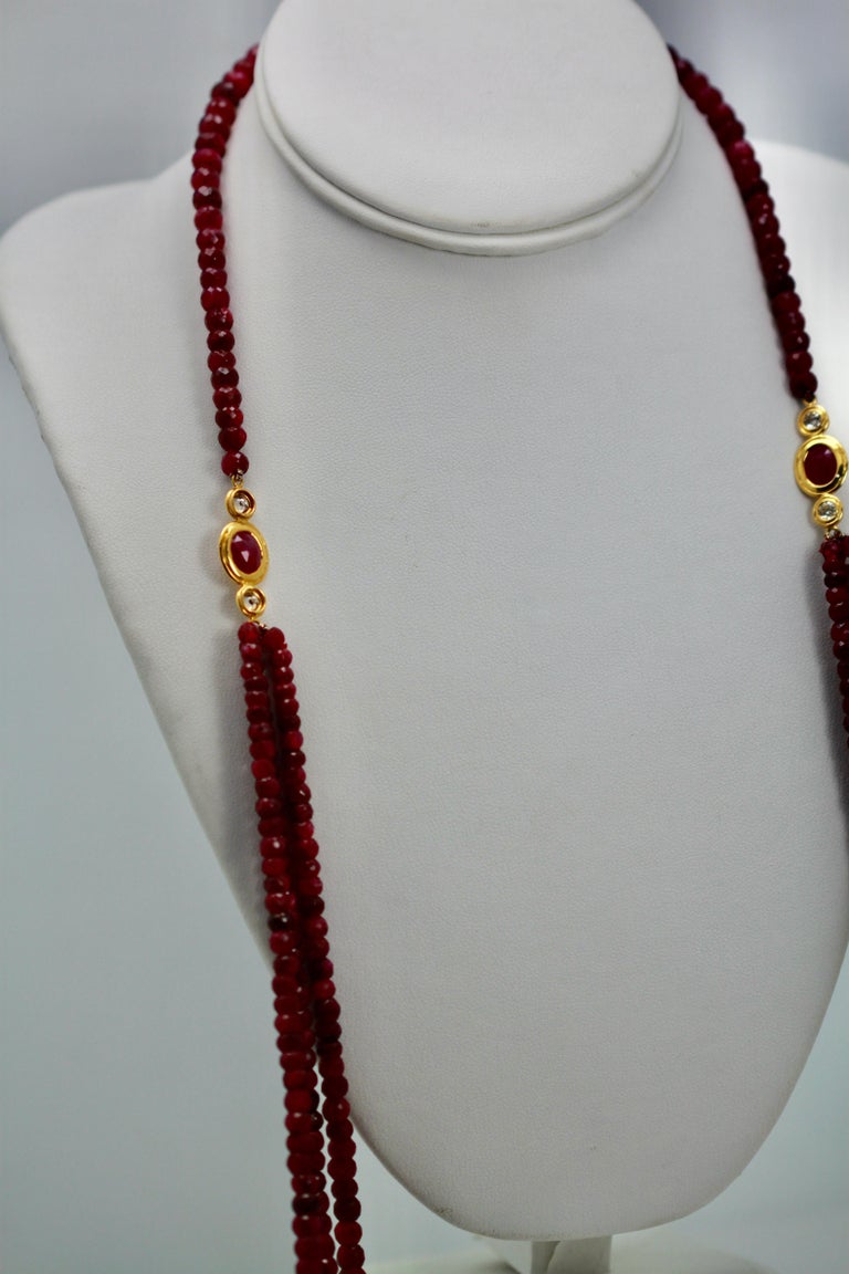 Ruby Triple Strand Bead Necklace with Faceted Ruby and Diamond Stations ...