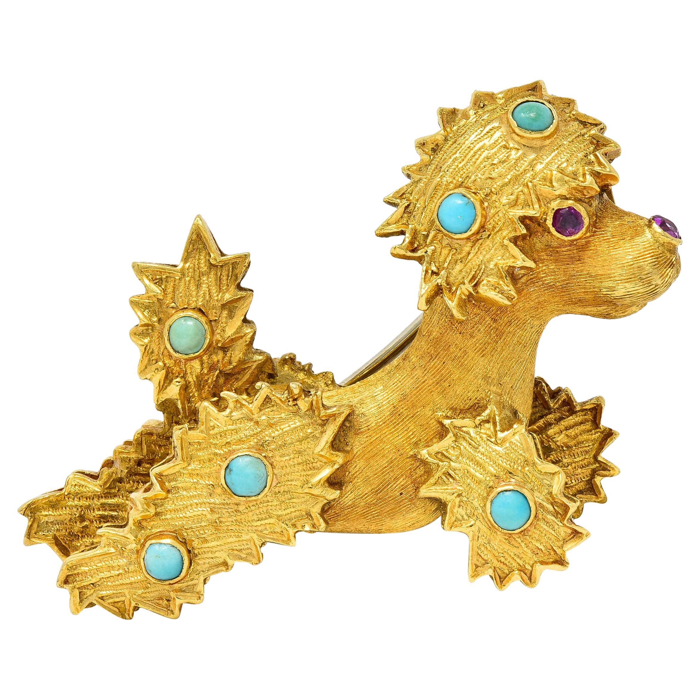 Ruby Turquoise 18 Karat Yellow Gold Zig-Zag Vintage Poodle Dog Brooch ...