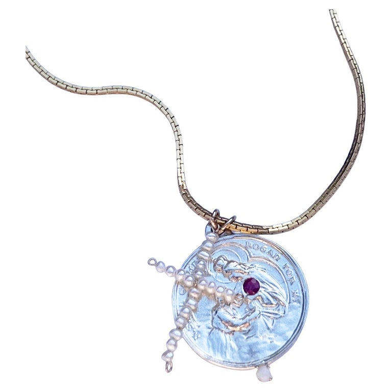 Ruby Virgin Mary Medal Pearl Cross Chain Necklace Silver Gold Pated For ...
