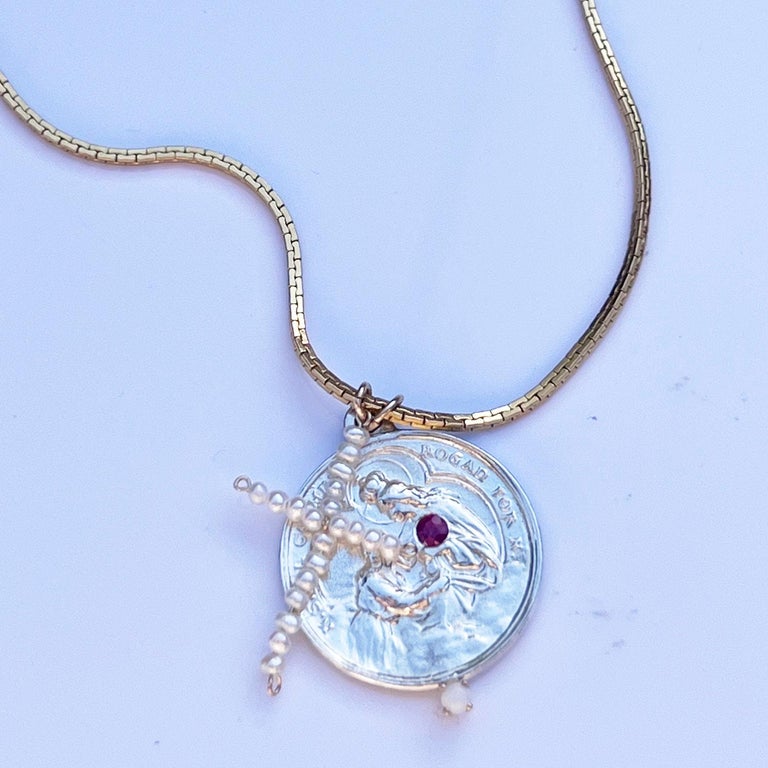 Ruby Virgin Mary Medal Pearl Cross Chain Necklace Silver Gold Pated For ...