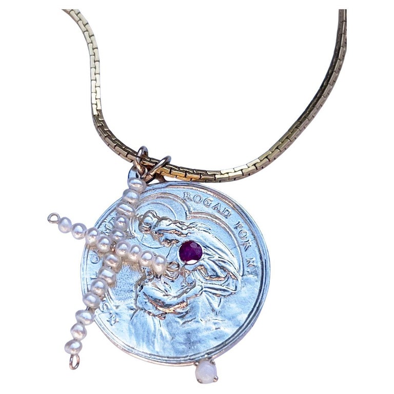 Ruby Virgin Mary Medal Pearl Cross Chain Necklace Silver Gold Pated For ...