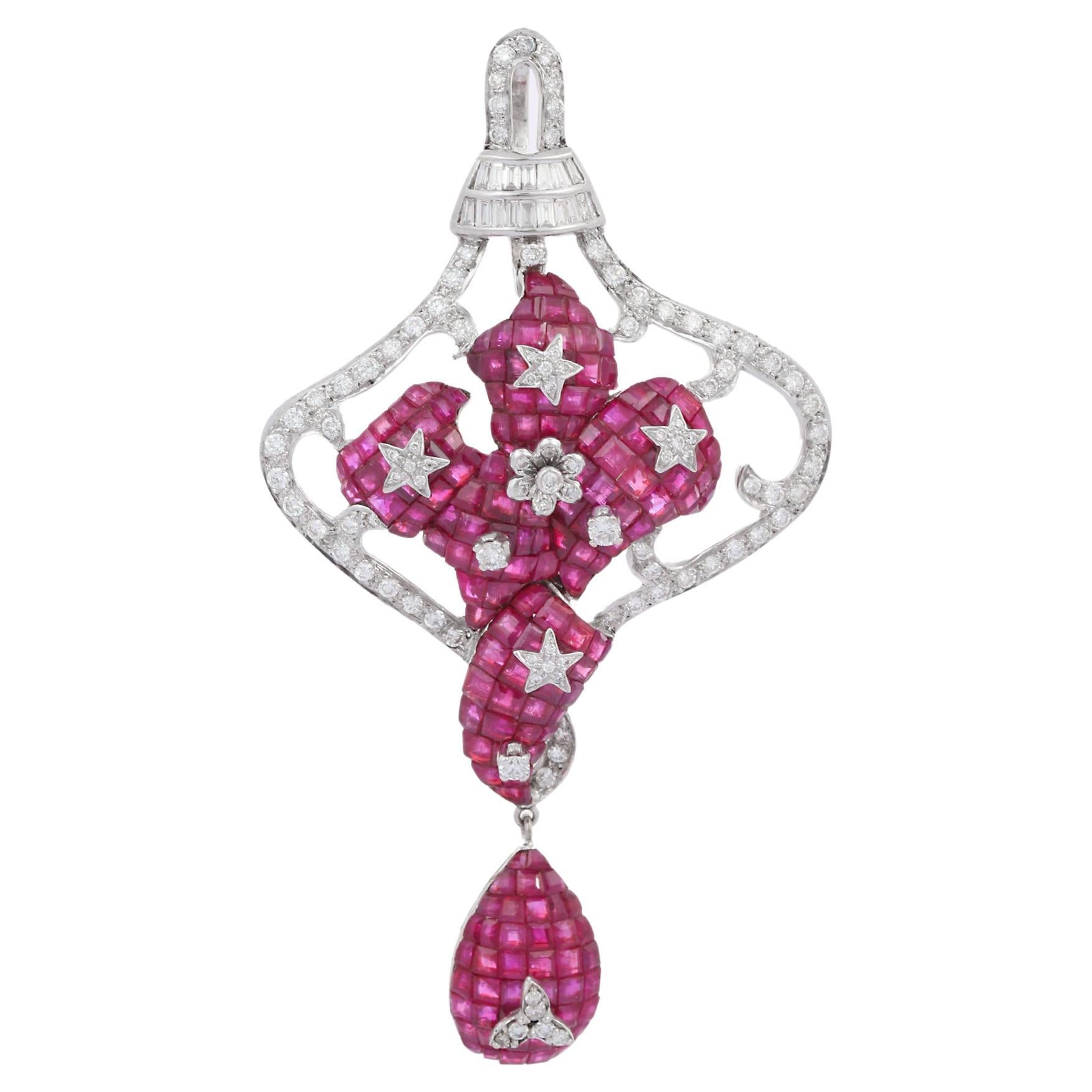 Ruby Wedding Pendant with Unique Star Diamonds in 18K Solid White Gold ...
