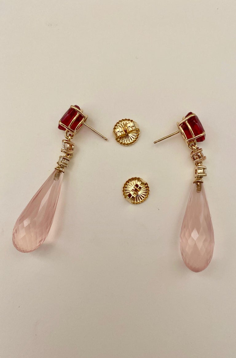 Ruby White Diamond Rose Quartz Briolette Dangle Earrings For Sale at ...