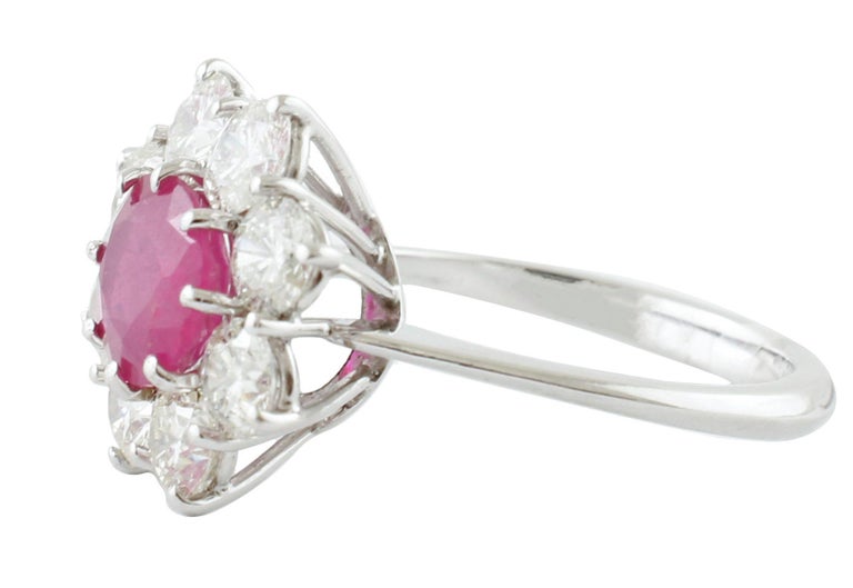 Ruby, White Diamonds, White Gold, Flower Shape Design Fashion Ring For ...
