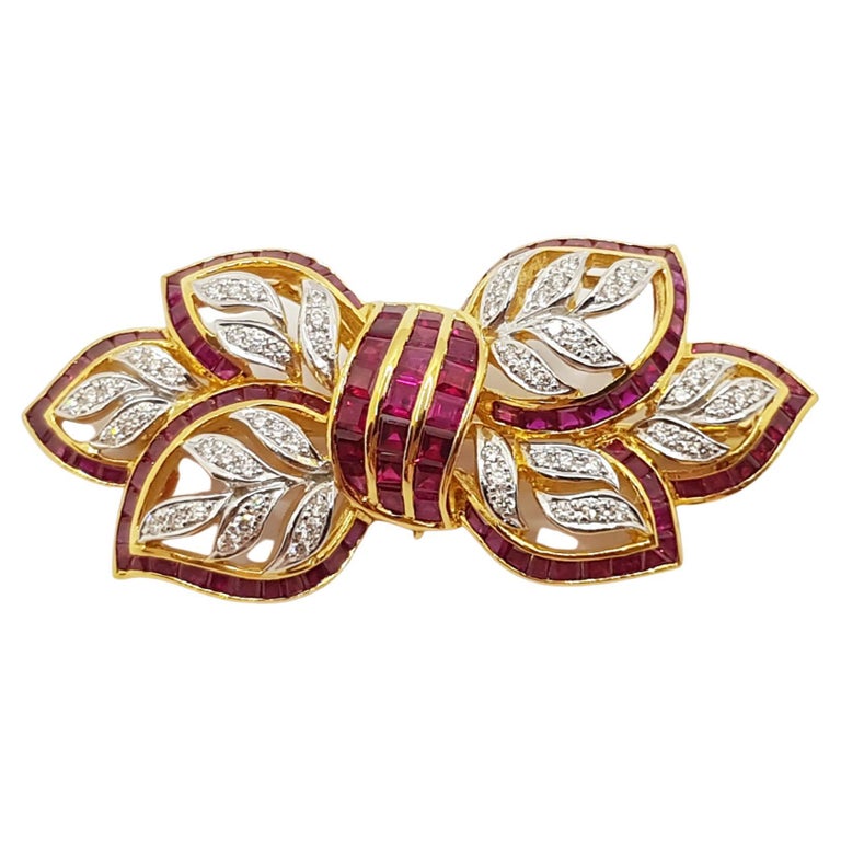 Ruby with Diamond Brooch Set in 18 Karat Gold Settings For Sale at 1stDibs