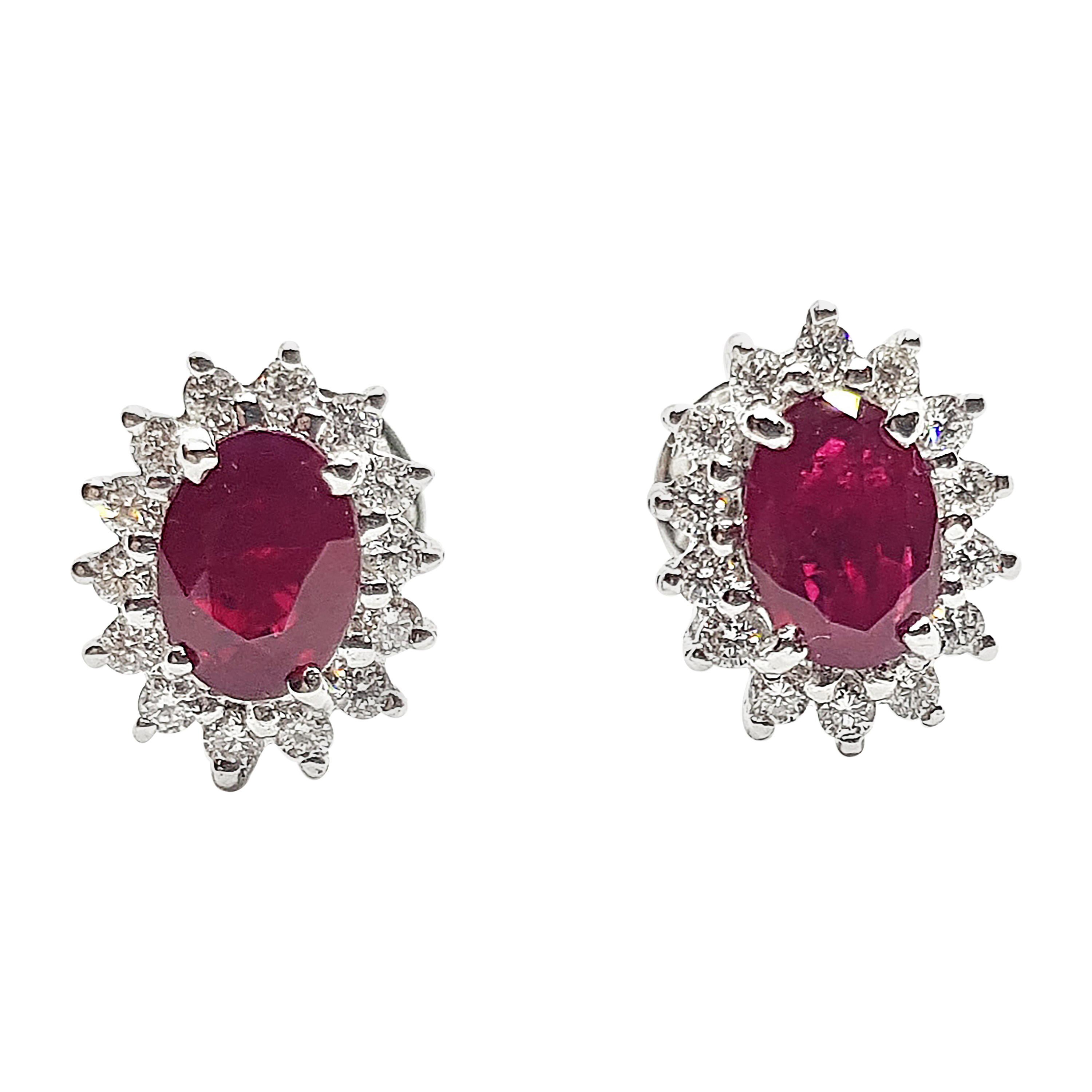 Ruby with Diamond Flower Motif Earrings Set in 18 Karat White Gold ...