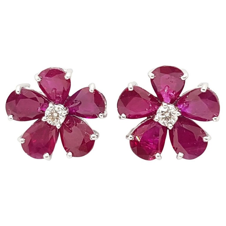 Ruby with Diamond Earrings set in 18 Karat White Gold Settings For Sale ...