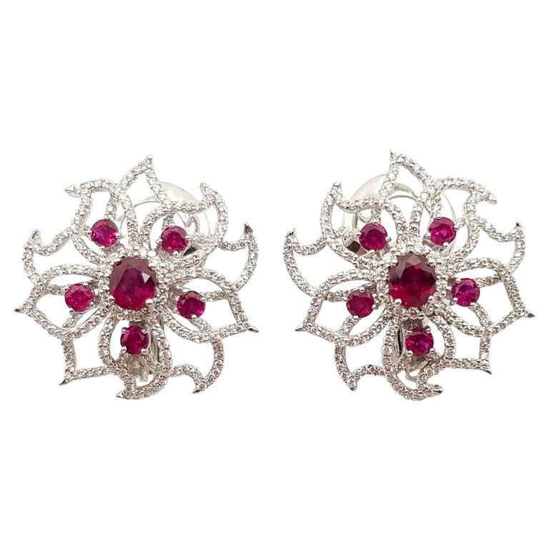 Ruby with Diamond Earrings set in 18 Karat White Gold Settings For Sale ...