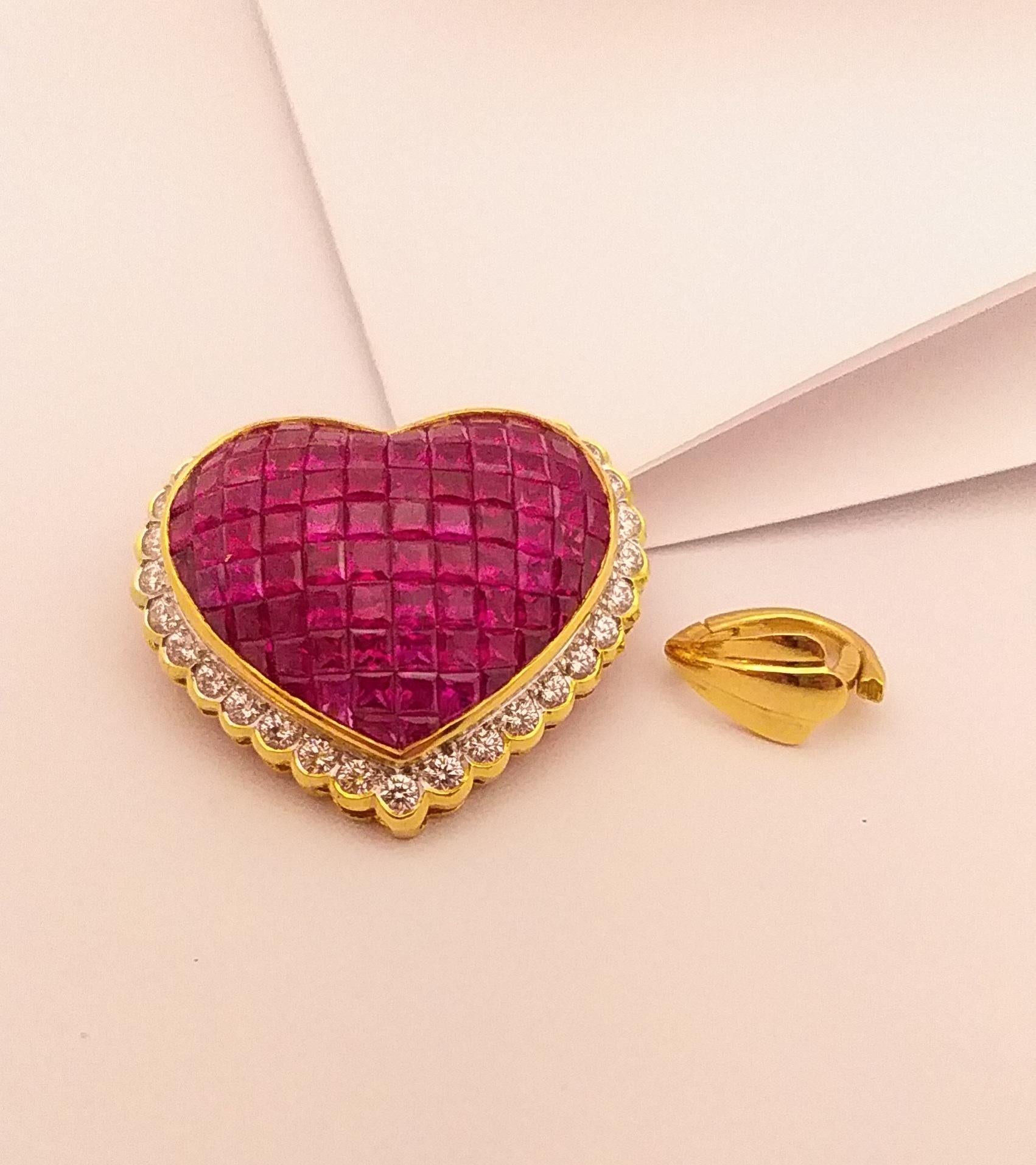 Ruby with Diamond Heart Brooch/Pendant Set in 18 Karat Gold Settings at ...