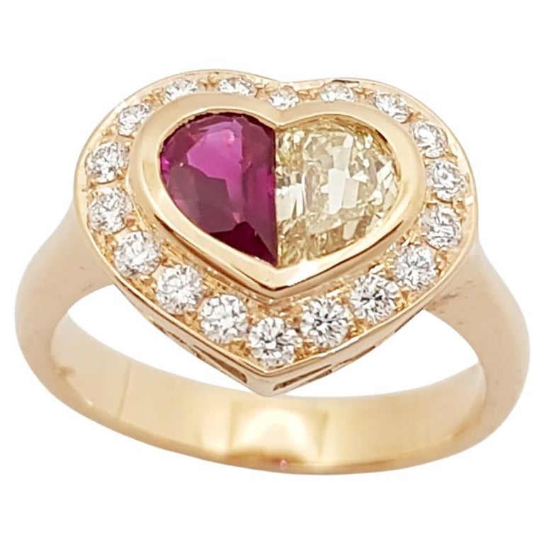 Bague coeur en rubis et diamants sertie en or rose 18K En vente sur 1stDibs