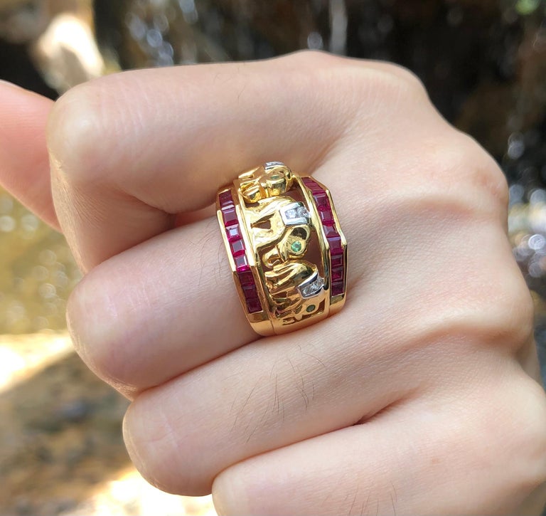 Ruby with Tsavorite and Diamond Elephant Ring Set in 18 Karat Gold ...