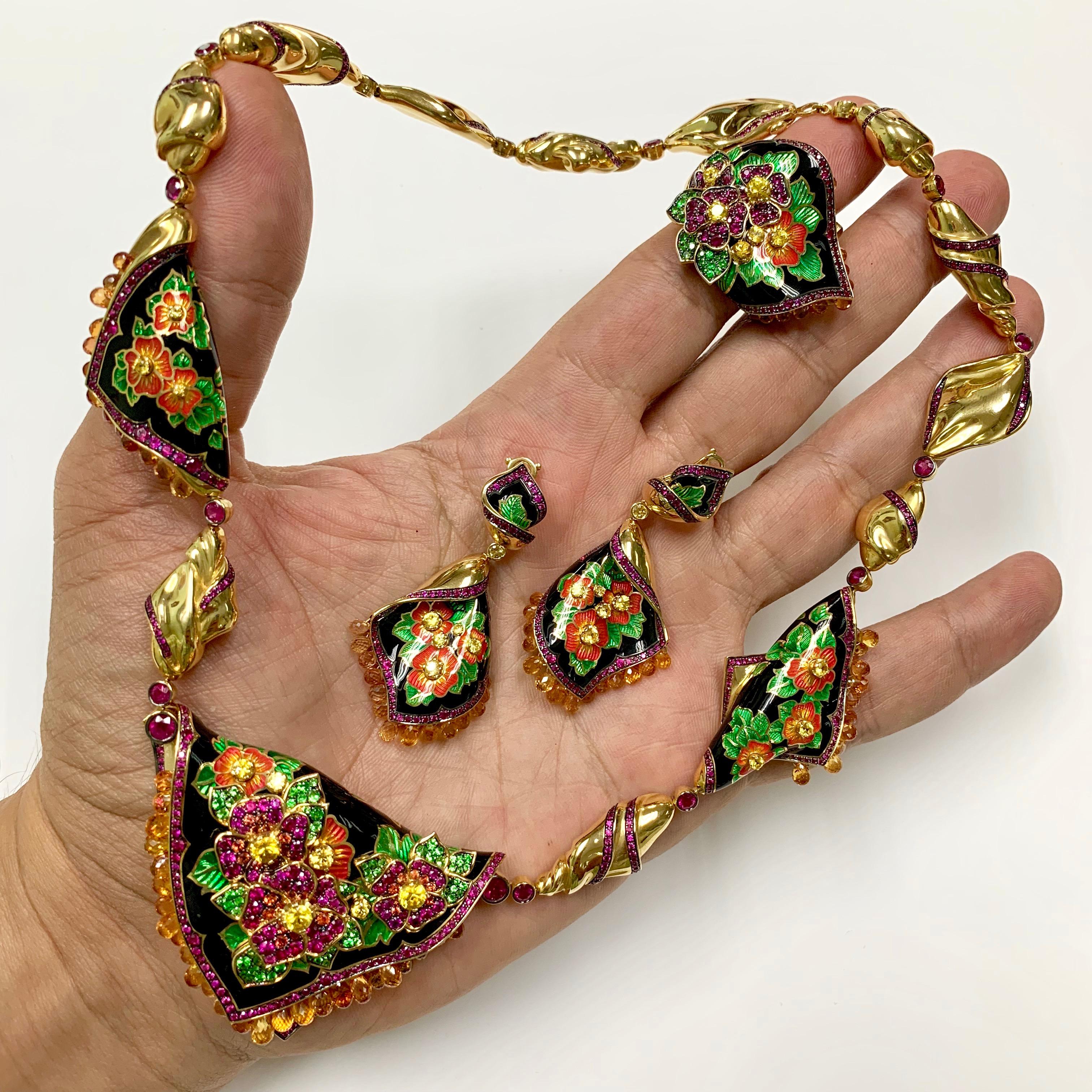 Ruby Yellow Sapphire Tsavorite Enamel A'la Russe Ring Earring Necklace ...