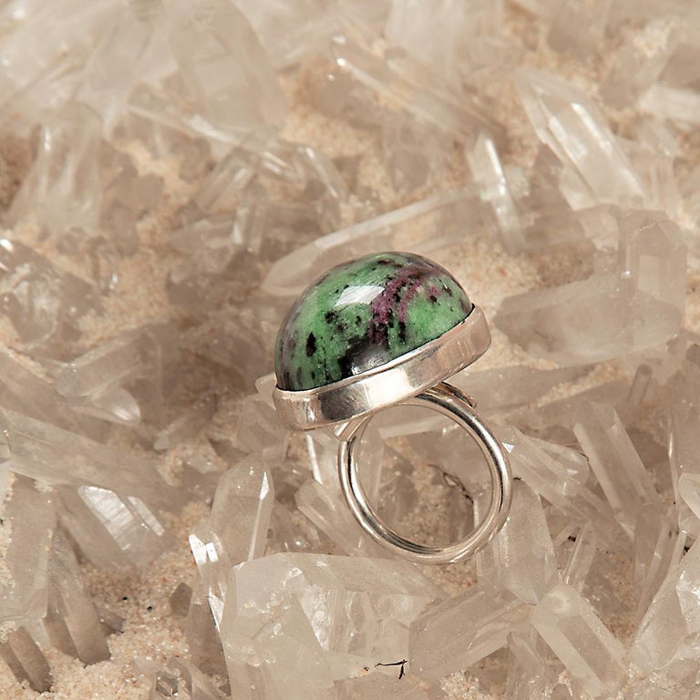 Ruby Zoisite Round Cabochon Sterling Silver Retro Cocktail Handmade Intini Ring For Sale at 1stDibs