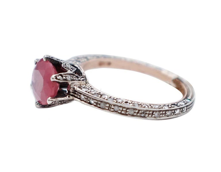 Ruby, Diamonds, 9 Karat Rose Gold and Silver Ring For Sale at 1stDibs