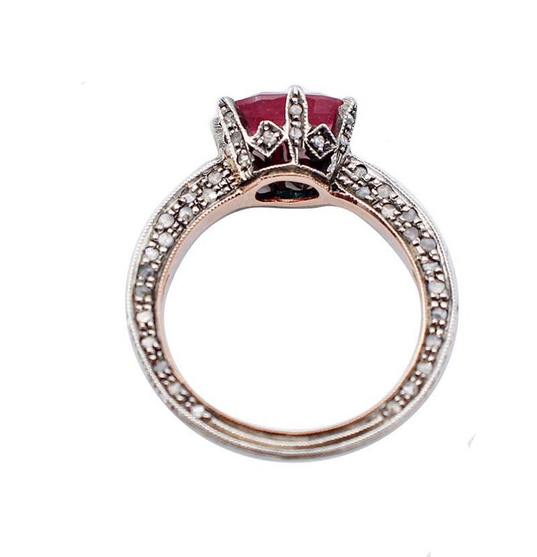 Ruby, Diamonds, 9 Karat Rose Gold and Silver Ring For Sale at 1stDibs