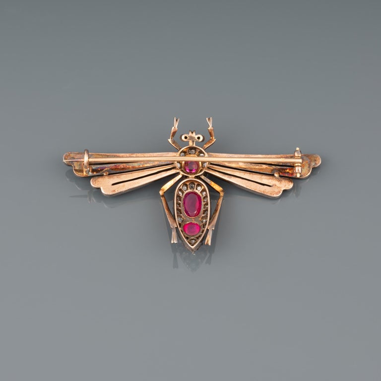 Rubys and Diamonds Antique French Dragonfly Brooch For Sale at 1stDibs