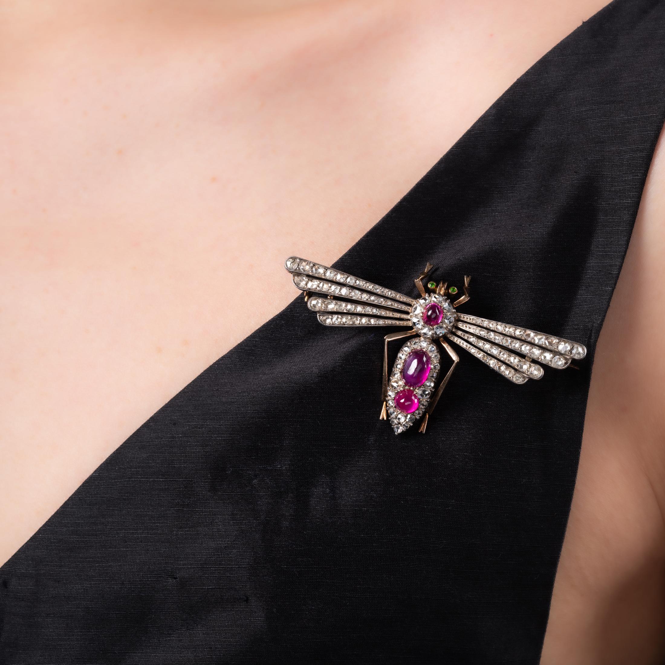 Rubys and Diamonds Antique French Dragonfly Brooch For Sale at 1stDibs