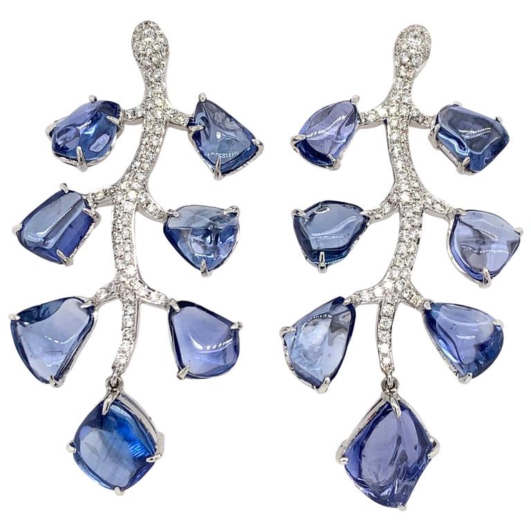 Ruchi New York Blue Sapphire and Diamond Leaf Earrings For Sale at 1stDibs
