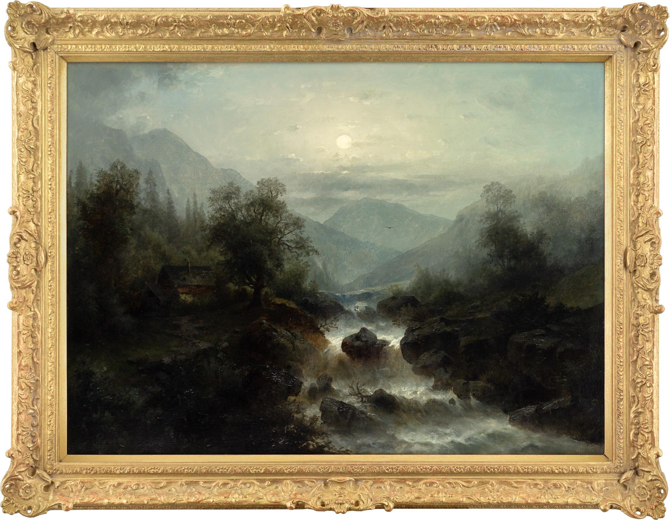Rudolf Giffinger - Mountain Landscape With Torrent By Moonlight, 19th ...