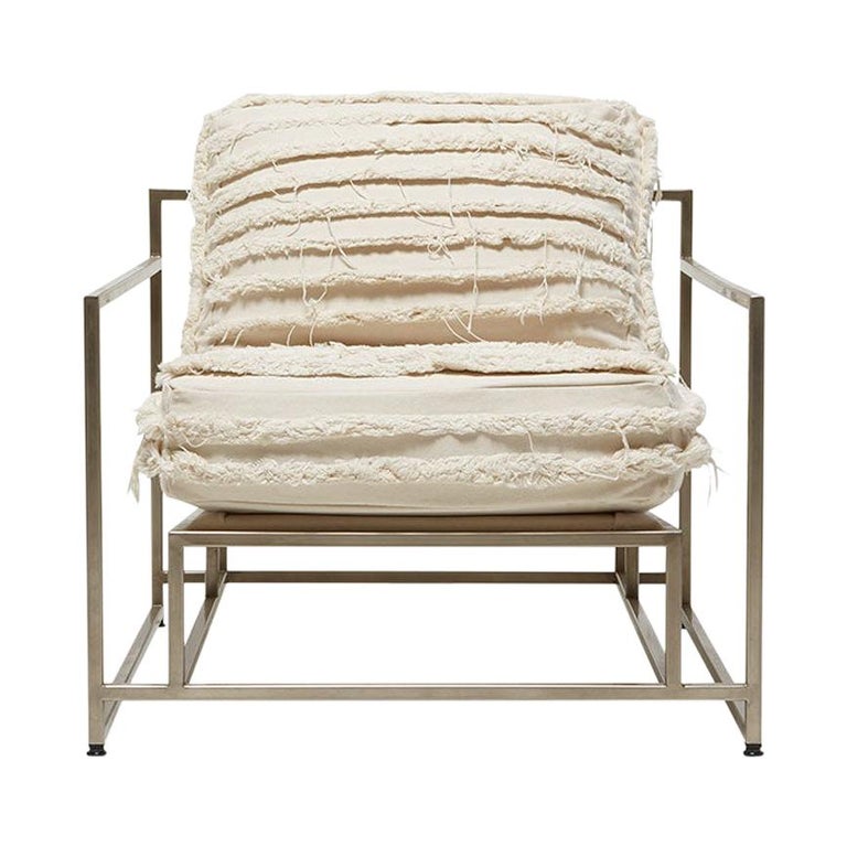 Ruffled Natural Canvas and Antique Nickel Armchair For Sale at 1stDibs