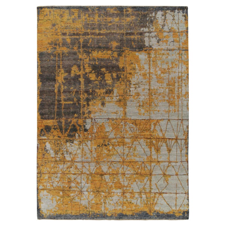Rug and Kilim’s Abstract Rug in Gold, Grey and Blue Layered Patterns ...
