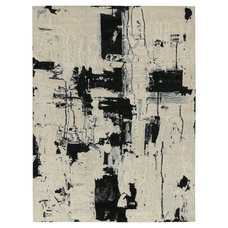Rug and Kilim’s Abstract Rug in Ivory with Black and Ice Blue Patterns ...