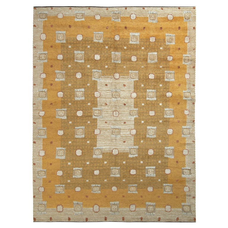 Rug and Kilim’s Art Deco Style Rug in Gold and Beige-Brown Geometric ...