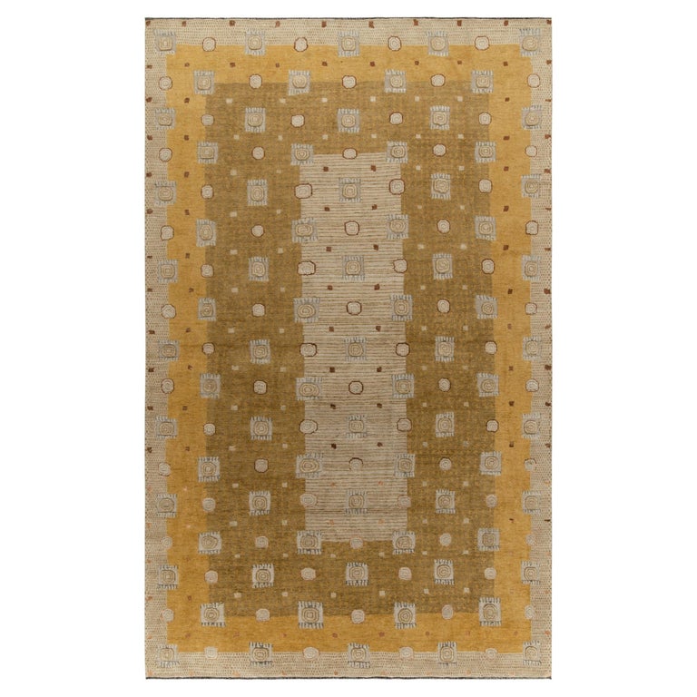Rug and Kilim’s Art Deco Style Rug in Gold and Beige-Brown Geometric ...