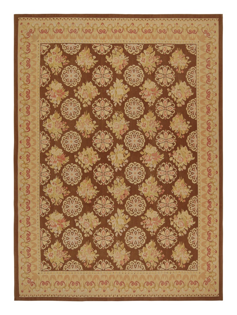 Rug and Kilim’s Aubusson Flatweave Style Rug in Brown with Beige Floral ...