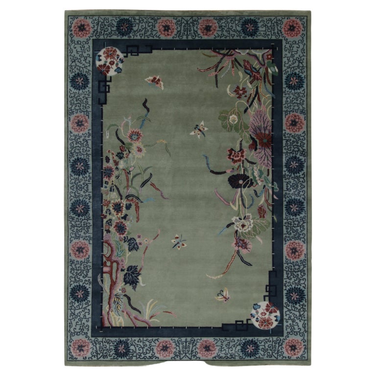 Rug and Kilim’s Chinese Style Art Deco Rug in Green with Blue Floral ...