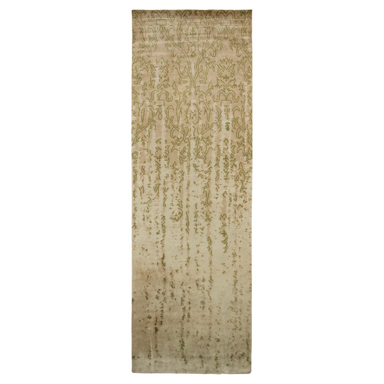 Rug and Kilim's Contemporary Beige Green Runner Geometric Floral Silk ...