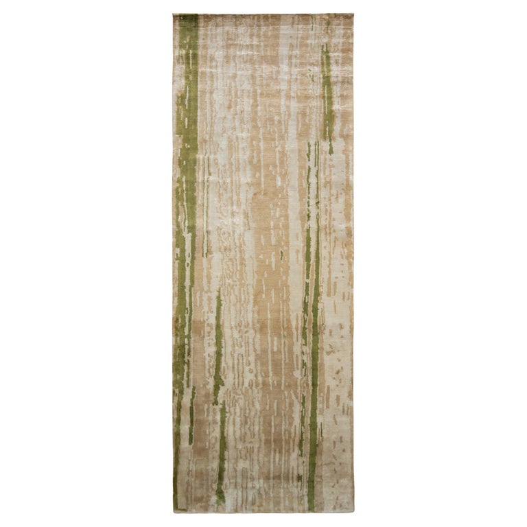 Rug and Kilim's Contemporary Beige Green Runner Geometric Floral Silk ...
