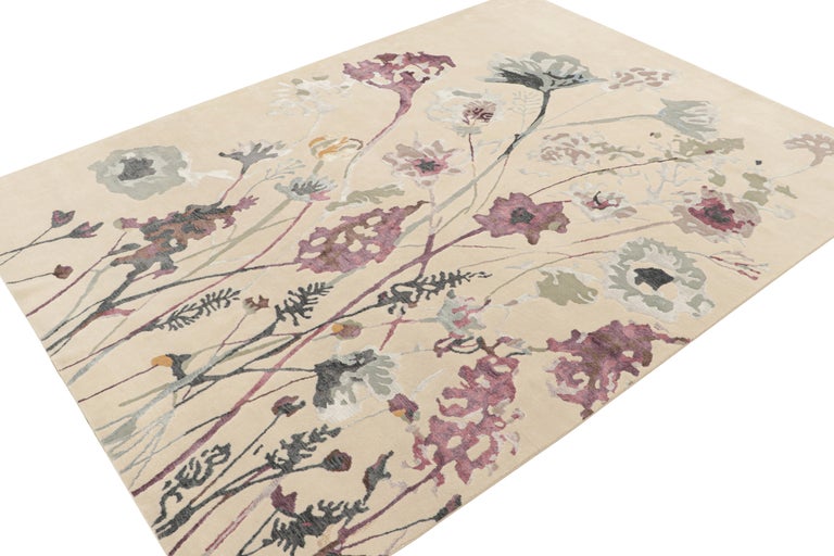 Rug and Kilim’s Contemporary Rug in Beige with Grey and Purple Floral ...