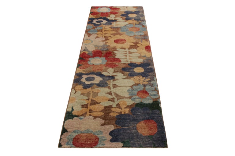 Rug and Kilim’s Contemporary Runner, Beige Brown with Multicolor Floral ...