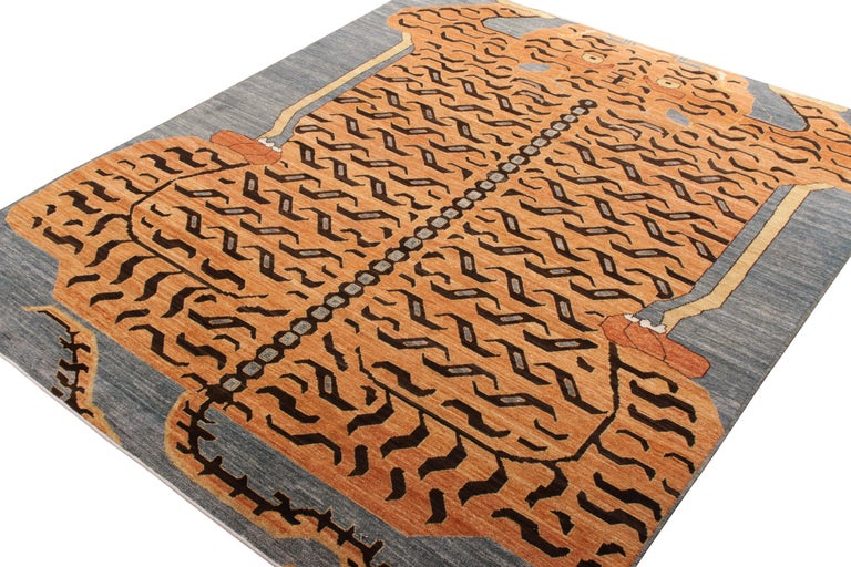 Rug and Kilim’s Custom Tiger Rug in Blue, Orange Pictorial Pelt Pattern ...