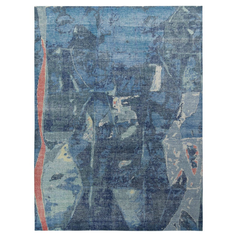 Rug and Kilim’s Distressed Abstract Custom Rug in Blue Geometric ...