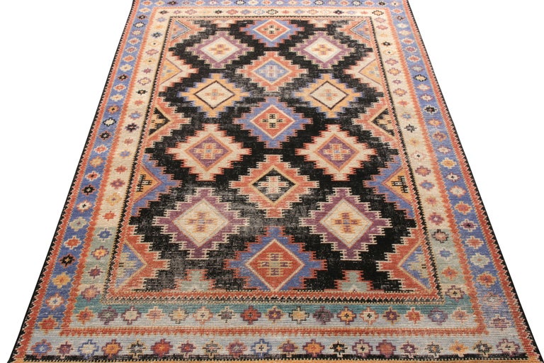 Rug and Kilim’s Distressed Style Custom Rug in Blue, Black Geometric ...