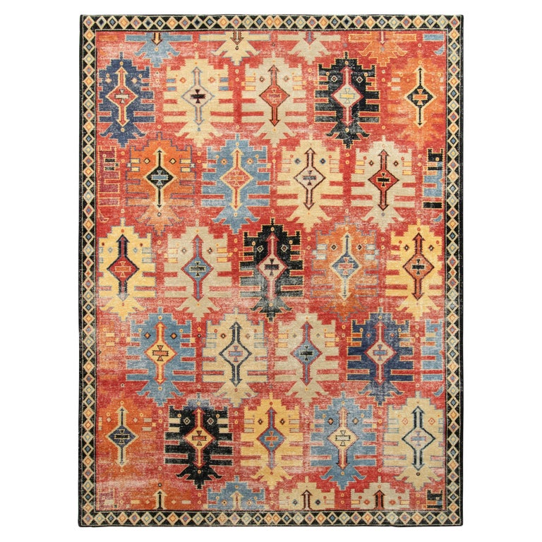 Rug and Kilim’s Distressed Style Custom Tribal Rug in Red, Blue ...
