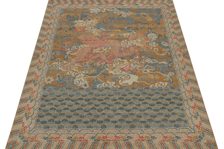 Rug and Kilim’s Distressed Style Dragon Rug in Ochre, Blue and Red ...