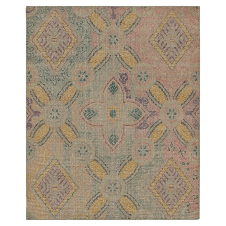 Rug and Kilim’s Distressed Style Rug in Blue, Pink, Gold Trellises For ...